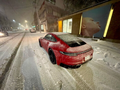 Navigating a Porsche 911 Carerra through an epic snow storm