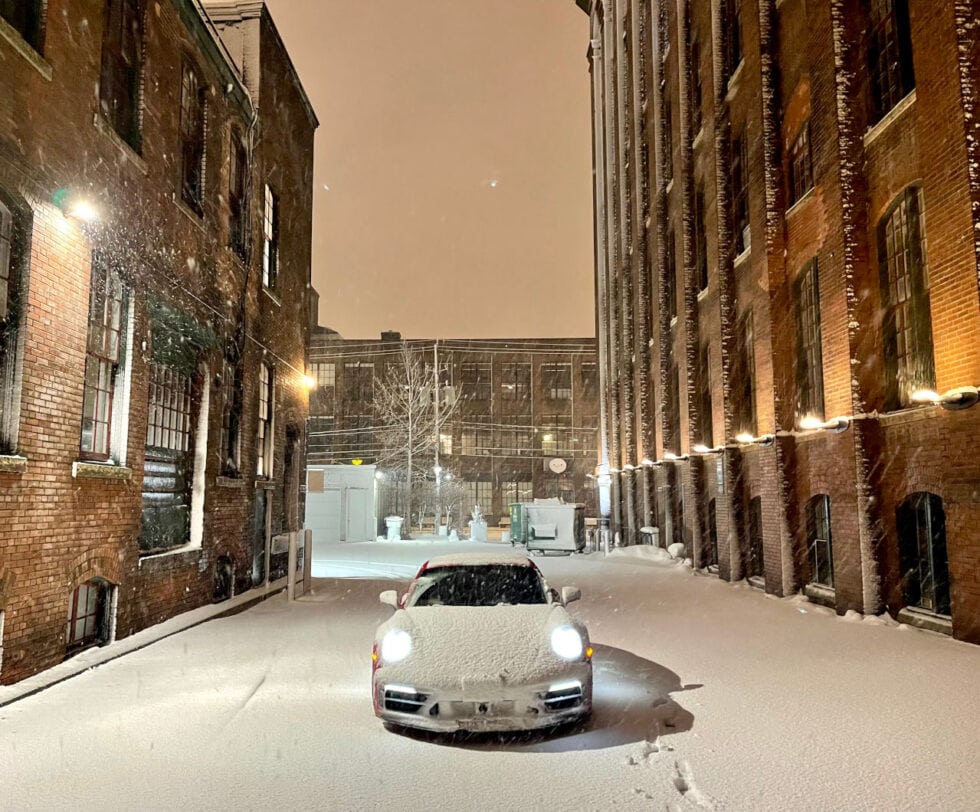 Navigating a Porsche 911 Carerra through an epic snow storm